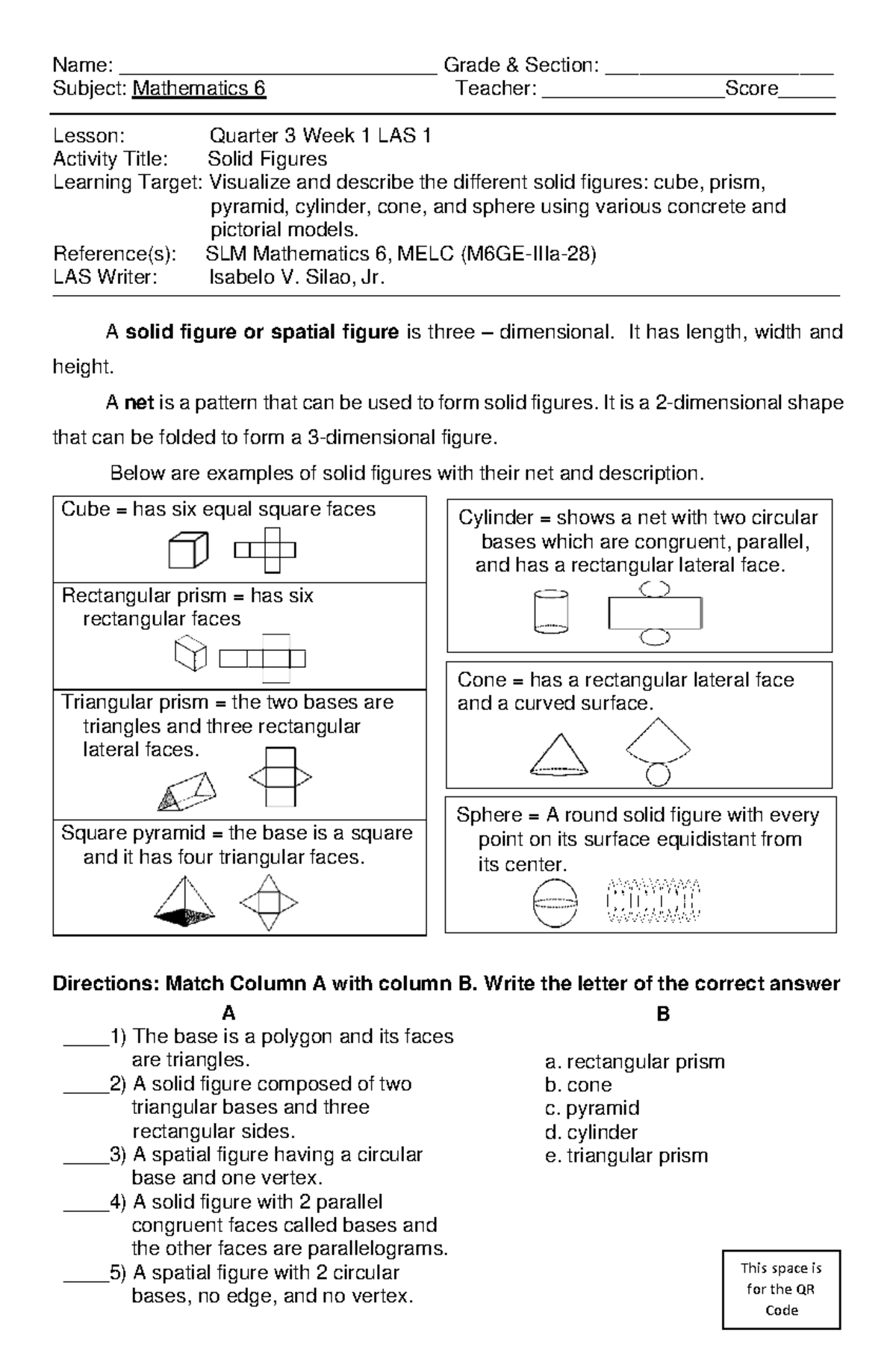 Mathematics 6 LAS Q3 - Math - Name: ____________________________ Grade & Section: - Studocu