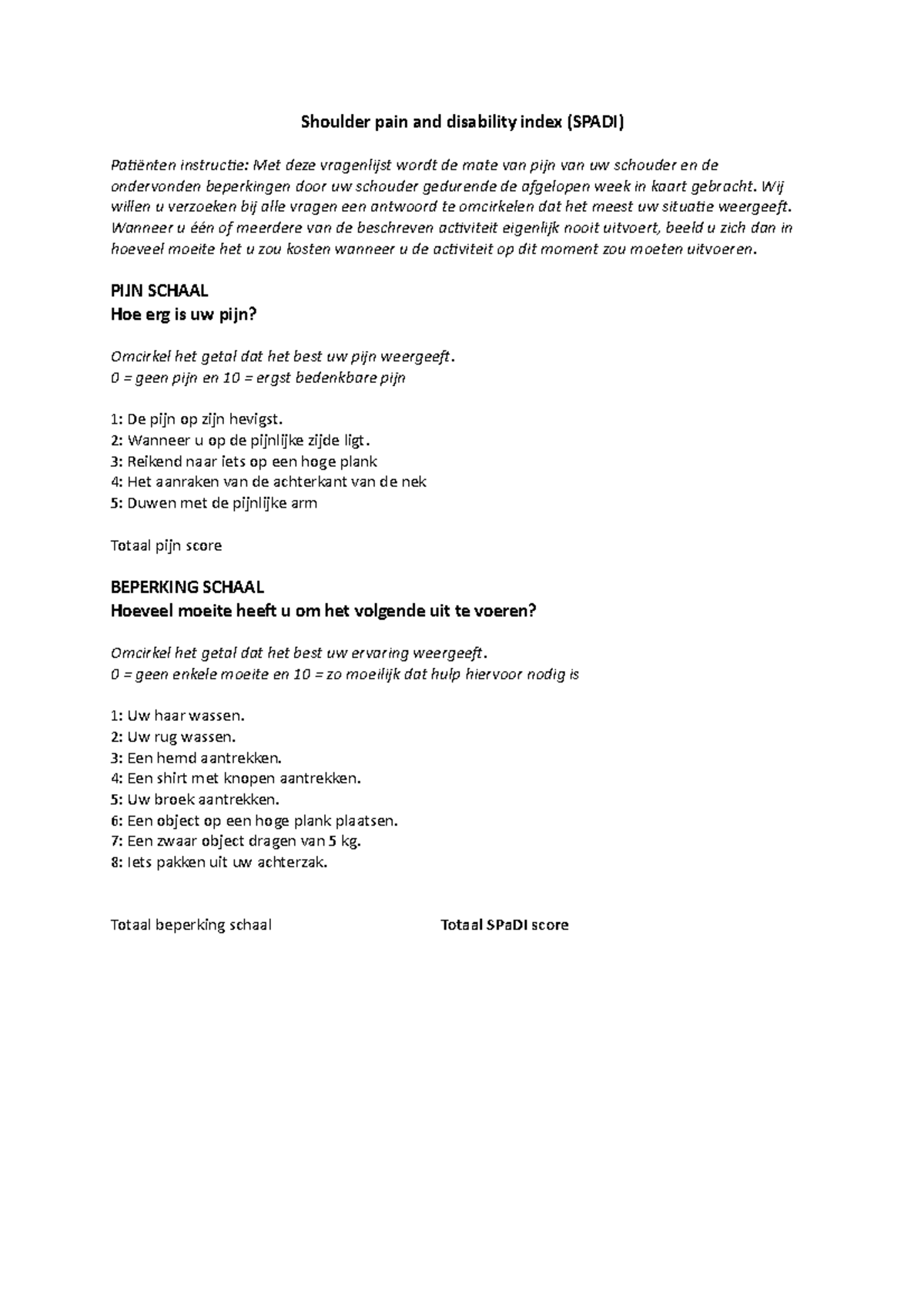 Spadi vragenlijst - Shoulder pain and disability index (SPADI ...