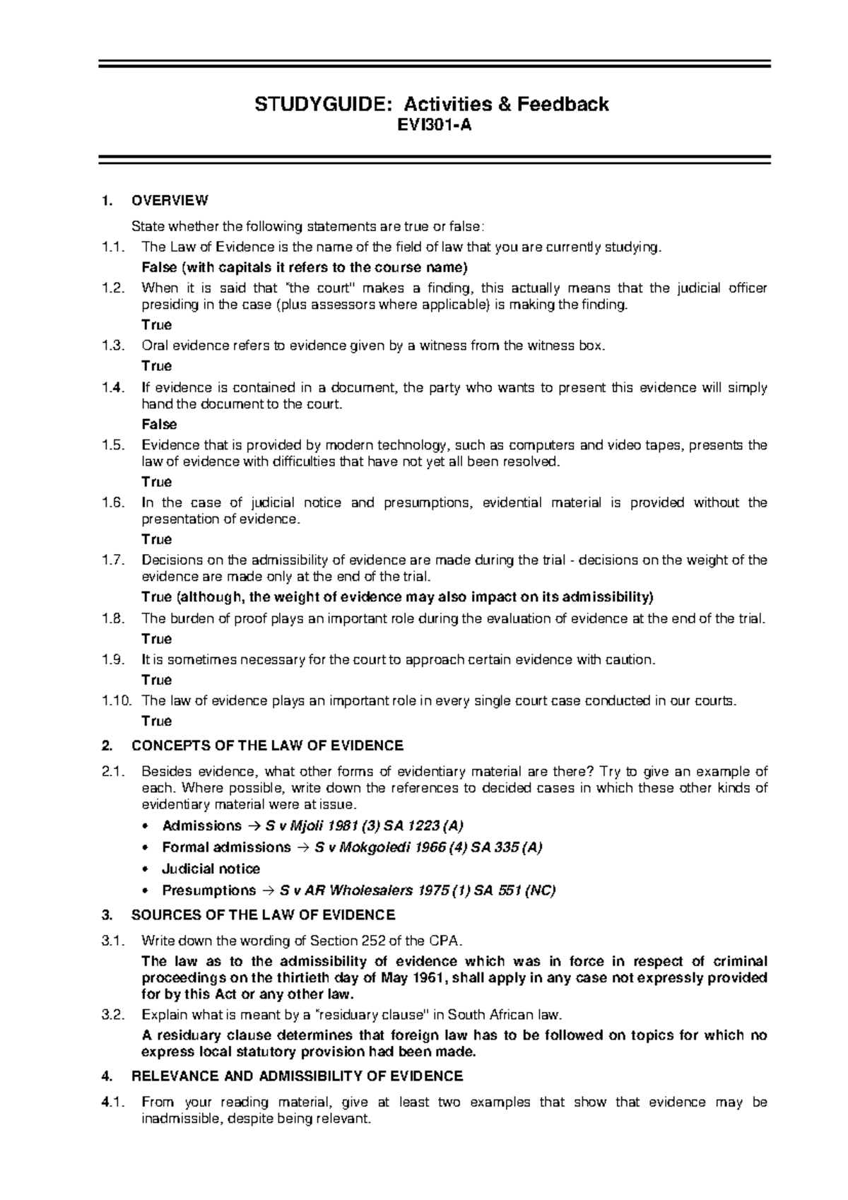 EVI3701-a feedback - law of evidence lectures notes, this falls in the ...