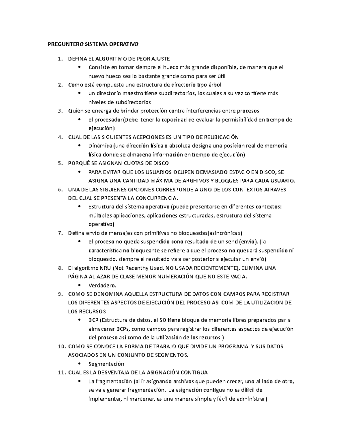 Sistemas Operativos Parcial 1 - PREGUNTERO SISTEMA OPERATIVO 1. DEFINA EL ALGORITMO DE PEOR ...