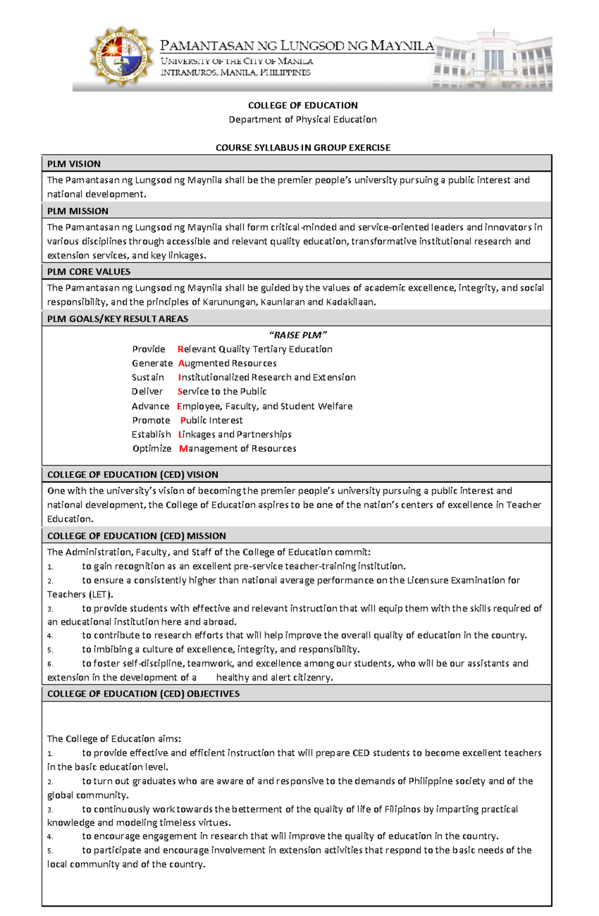 Course Syllabus in Group Exercise A - COLLEGE OF EDUCATION Department ...