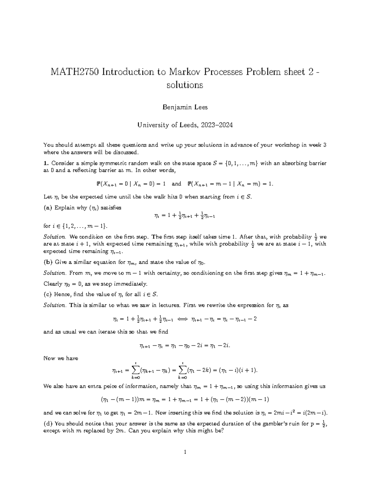 P02-solutions - MATH2750 Introduction to Markov Processes Problem sheet 2 - solutions Benjamin ...
