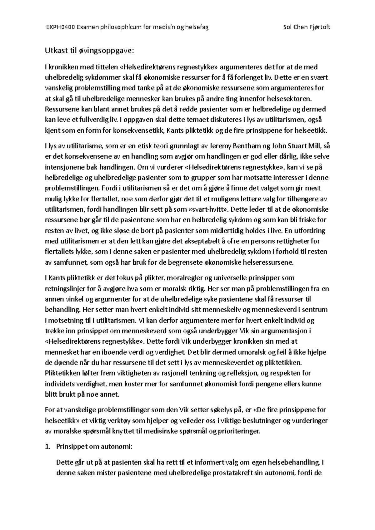 Øvingsoppgave utkast Sol Chen Fjørtoft - EXPH0400 Examen philosophicum ...