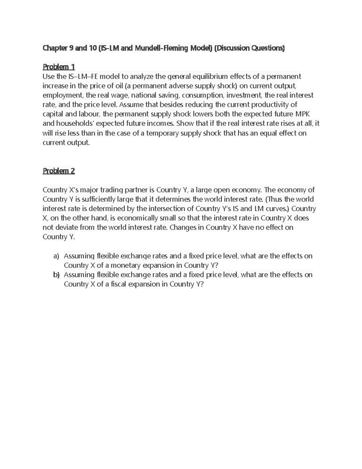 Week 8 - Practice questions - Chapter 9 and 10 (IS-LM and Mundell-Fleming Model) (Discussion ...