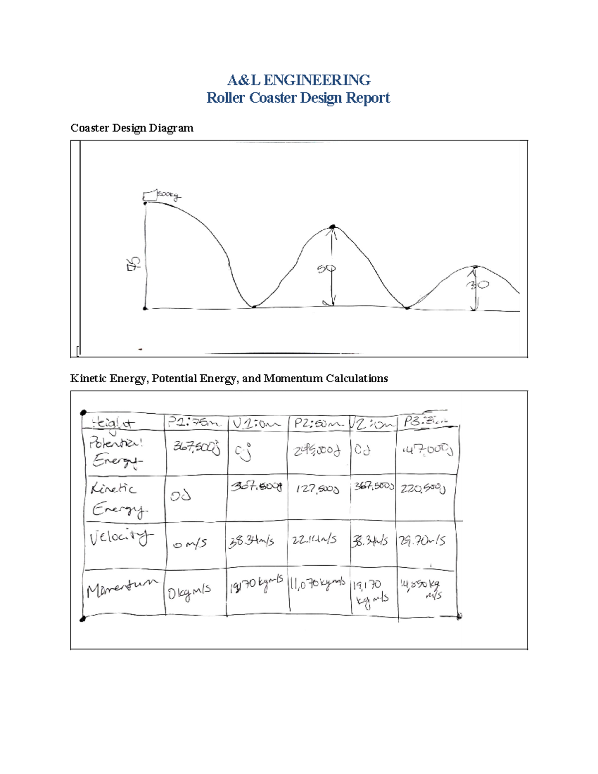 PHY 150 Project Three Roller Coaster Design Report Template - A&L ENGINEERING Roller Coaster ...