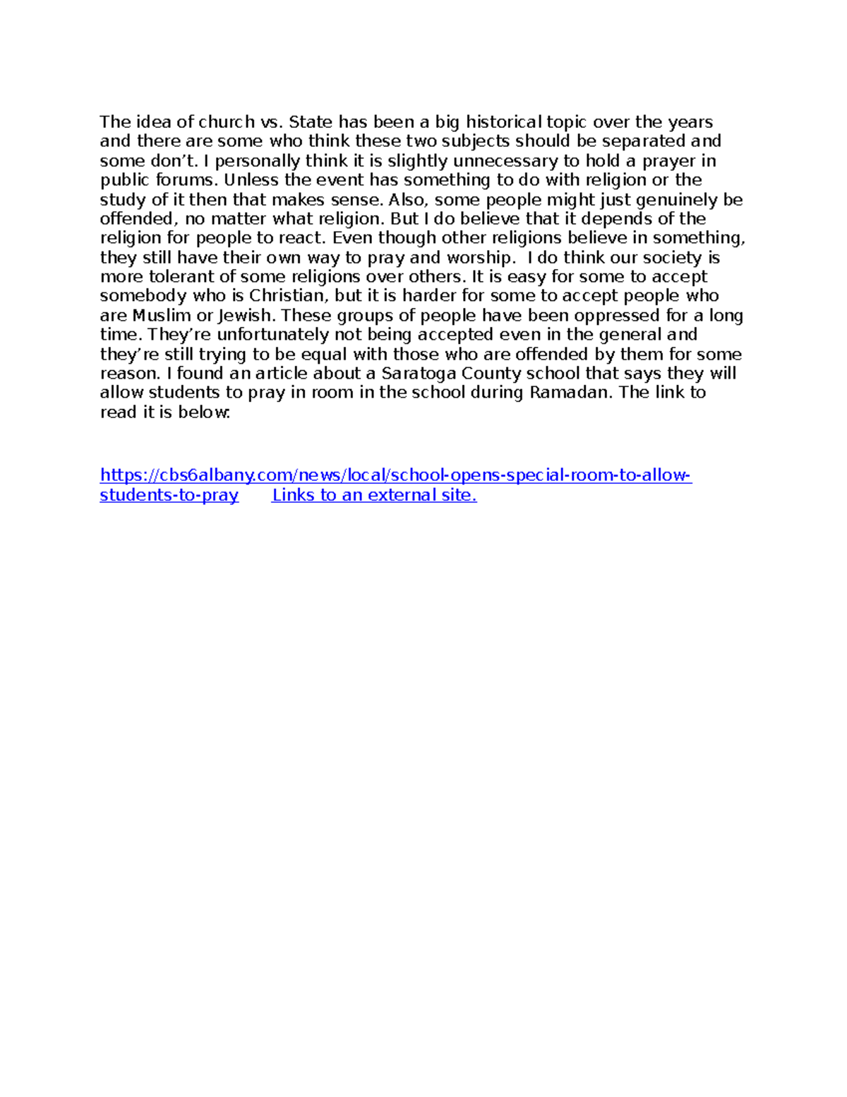 Discussion - Church and State - The idea of church vs. State has been a ...