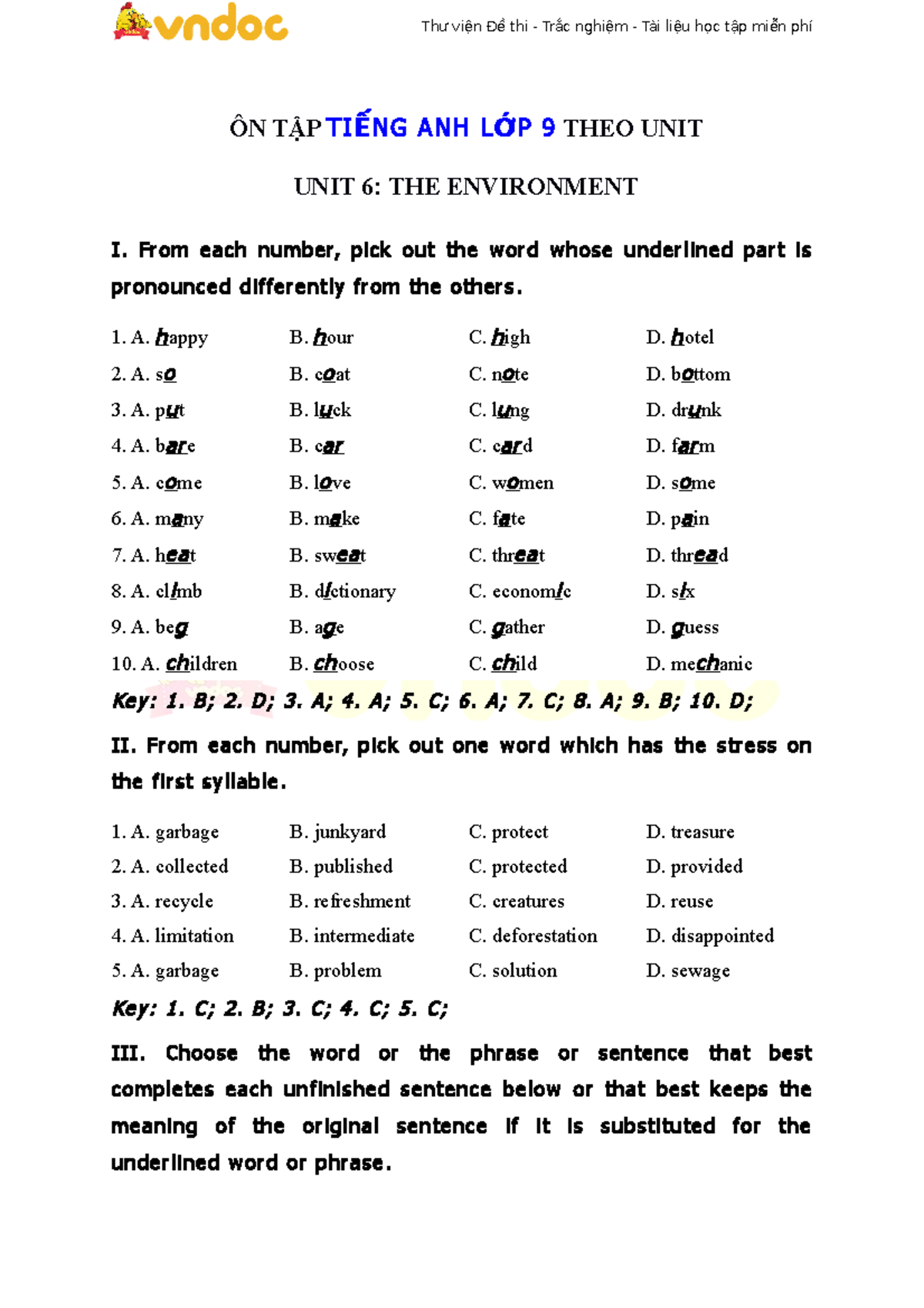 Bai tap trac nghiem tieng anh lop 9 unit 6 the environment - ÔN TẬP TI Ế NG ANH L Ớ P 9THEO UNIT ...