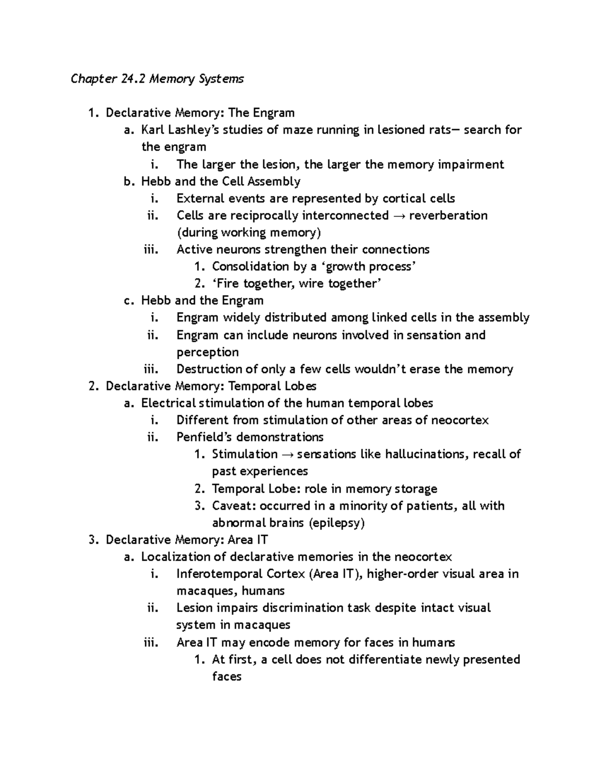 Ch 24.2 Memory Systems - Chapter 24 Memory Systems Declarative Memory: The Engram a. Karl ...