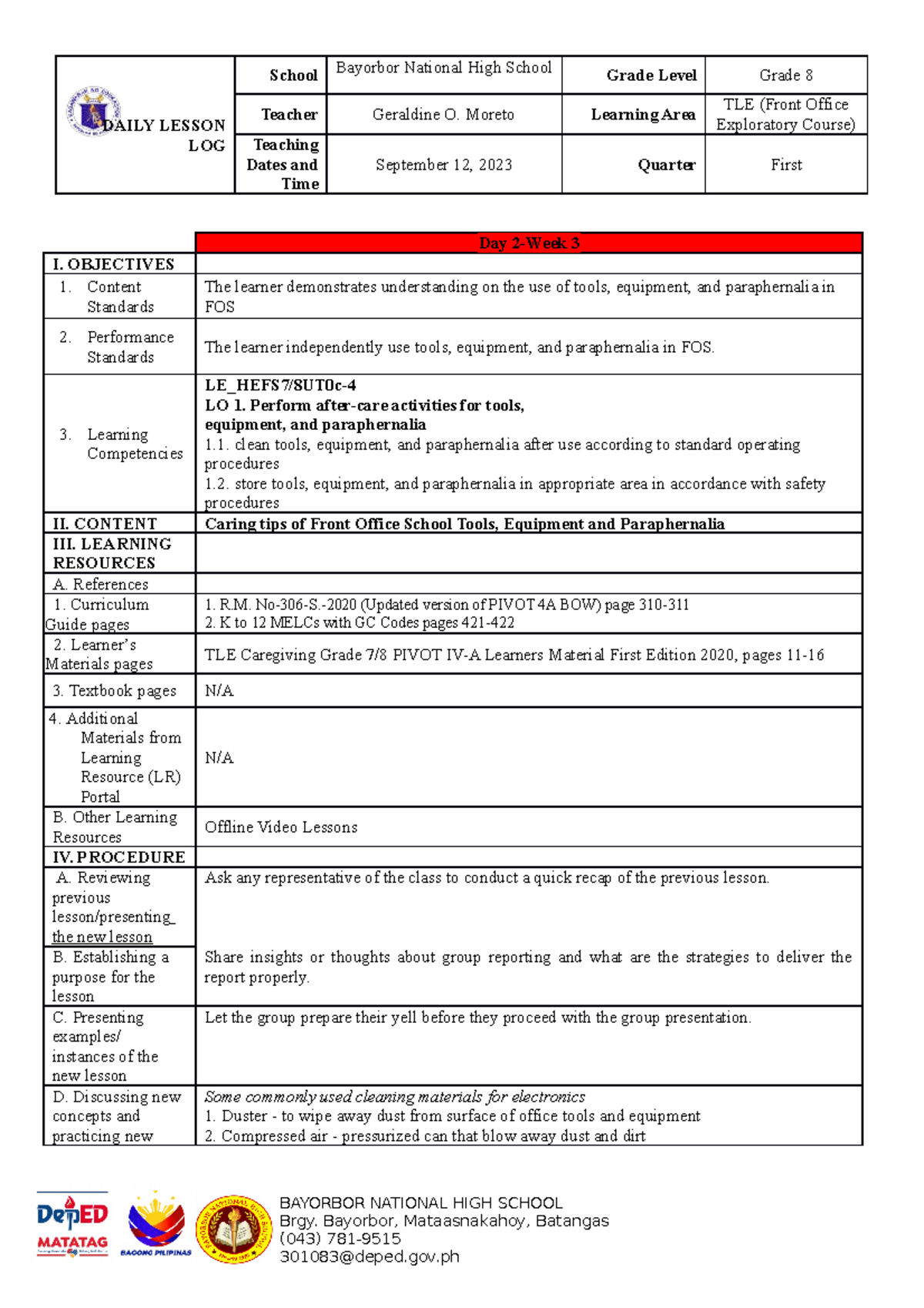 Day 2 week 3 - none - DAILY LESSON LOG School Bayorbor National High ...