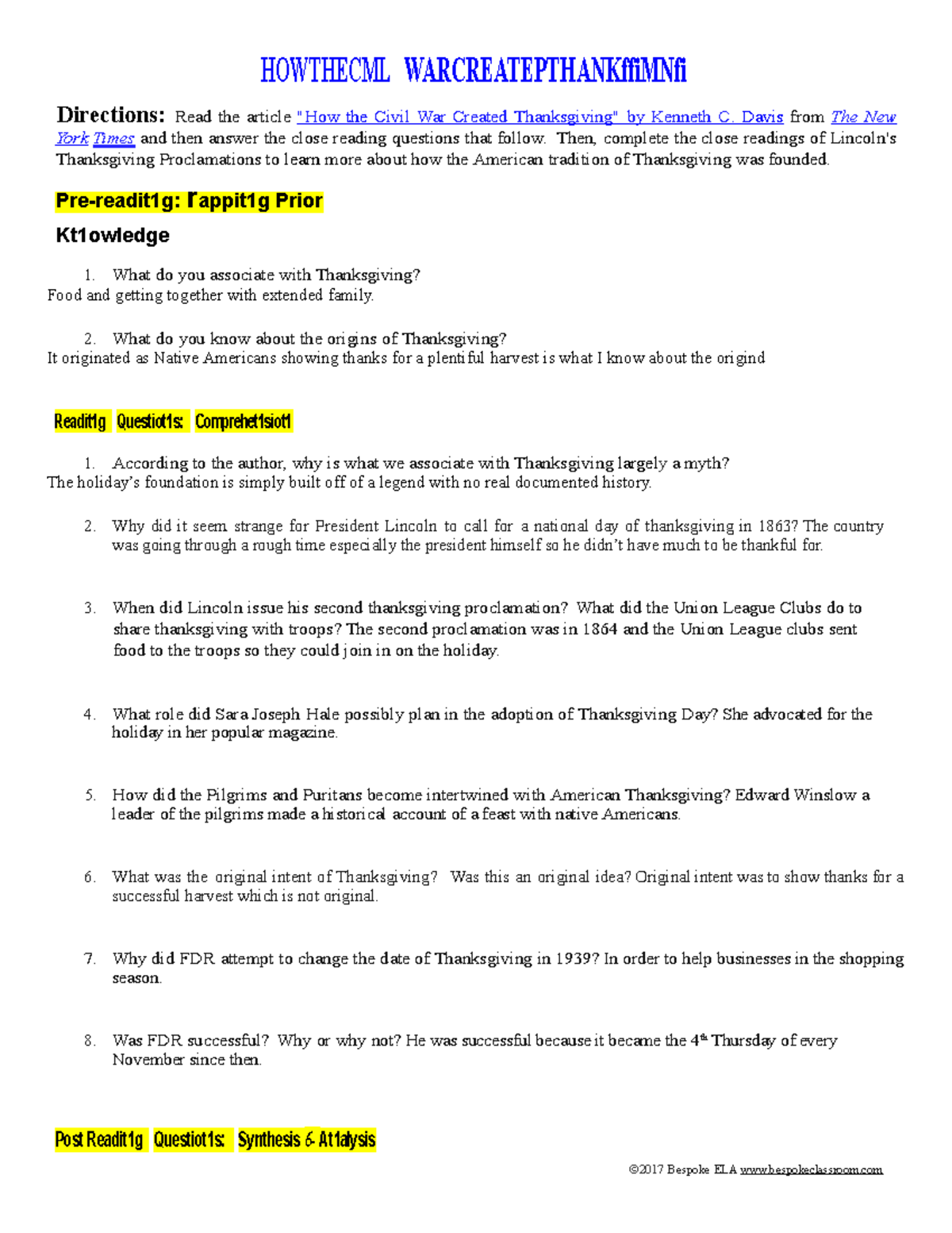 Lincoln's Thanksgiving Proclamation Assignment - Pre-readit1g: rappit1g ...
