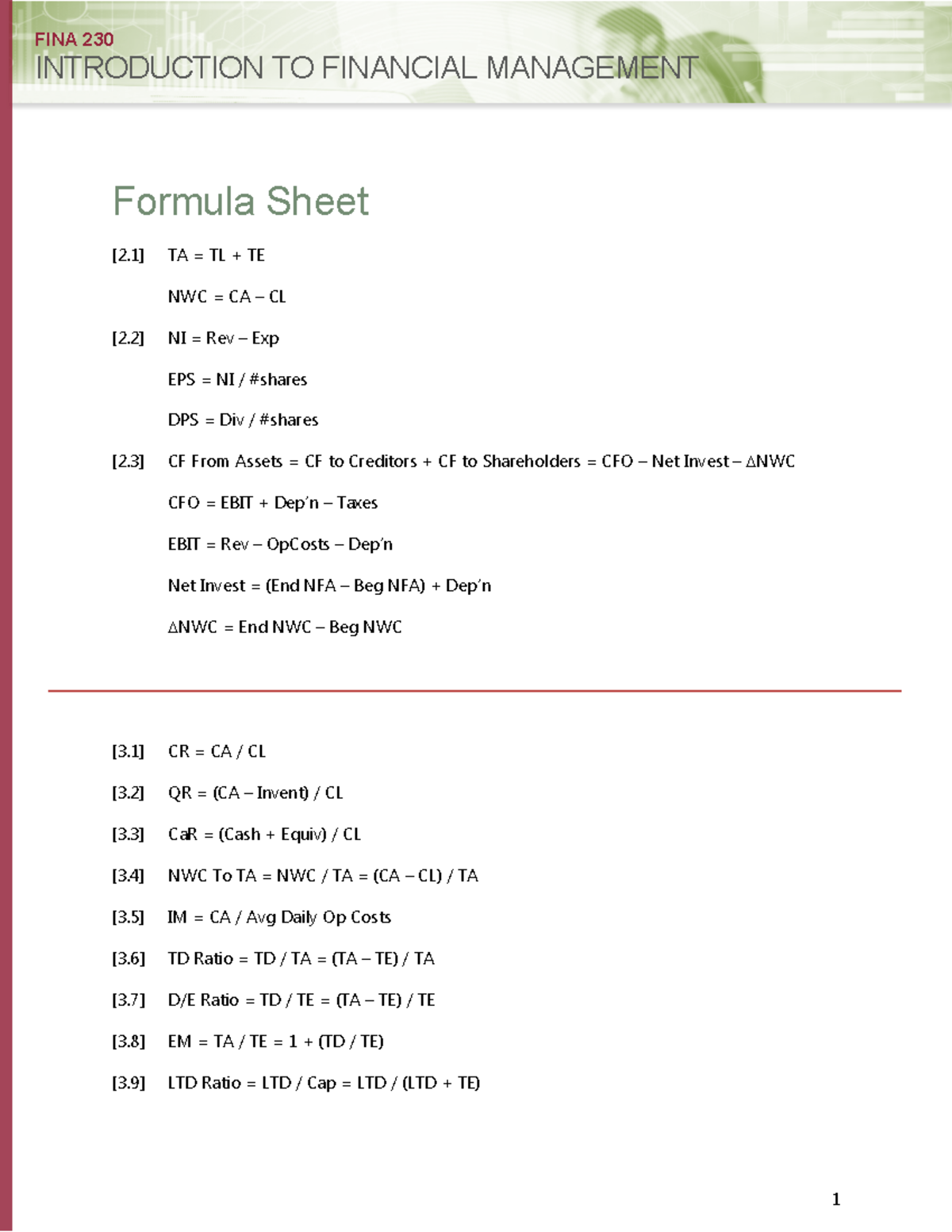 Finance 230 Formula Sheet - INTRODUCTION TO FINANCIAL MANAGEMENT ...