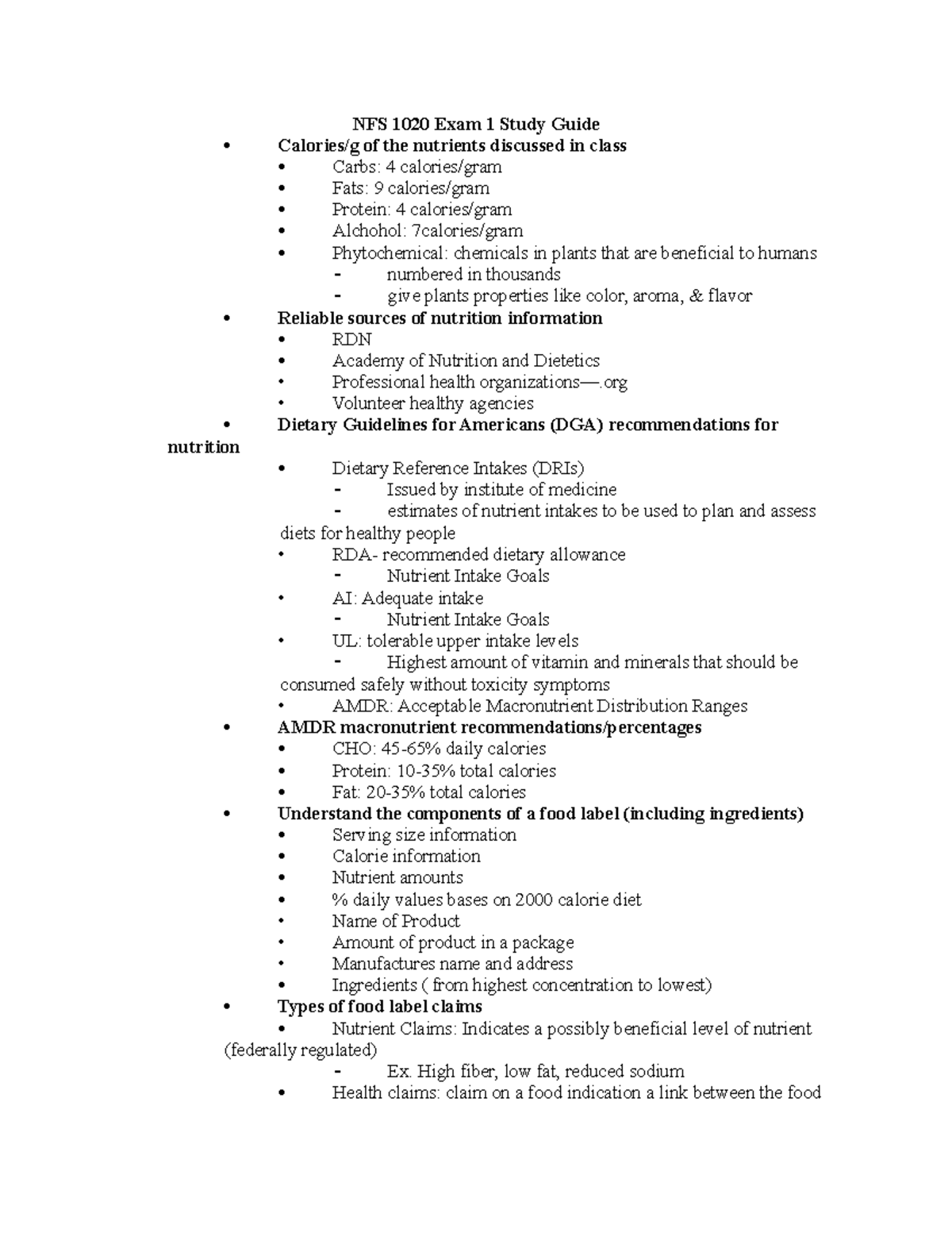 NFS 1020 Exam 1 Study Guide - NFS 1020 Exam 1 Study Guide Calories/g of ...
