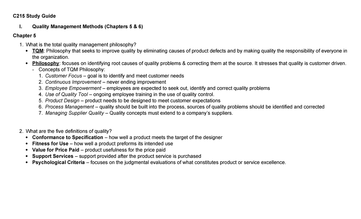 C215 Study Guide - I. Quality Management Methods (Chapters 5 & 6 ...