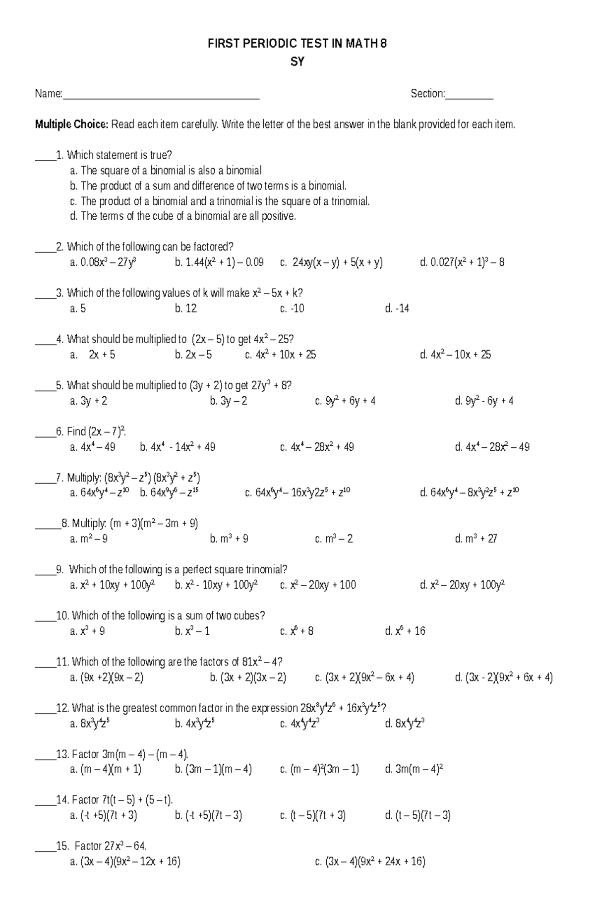 PT Mathematics 8 Q1 - none - FIRST PERIODIC TEST IN MATH 8 SY - Studocu