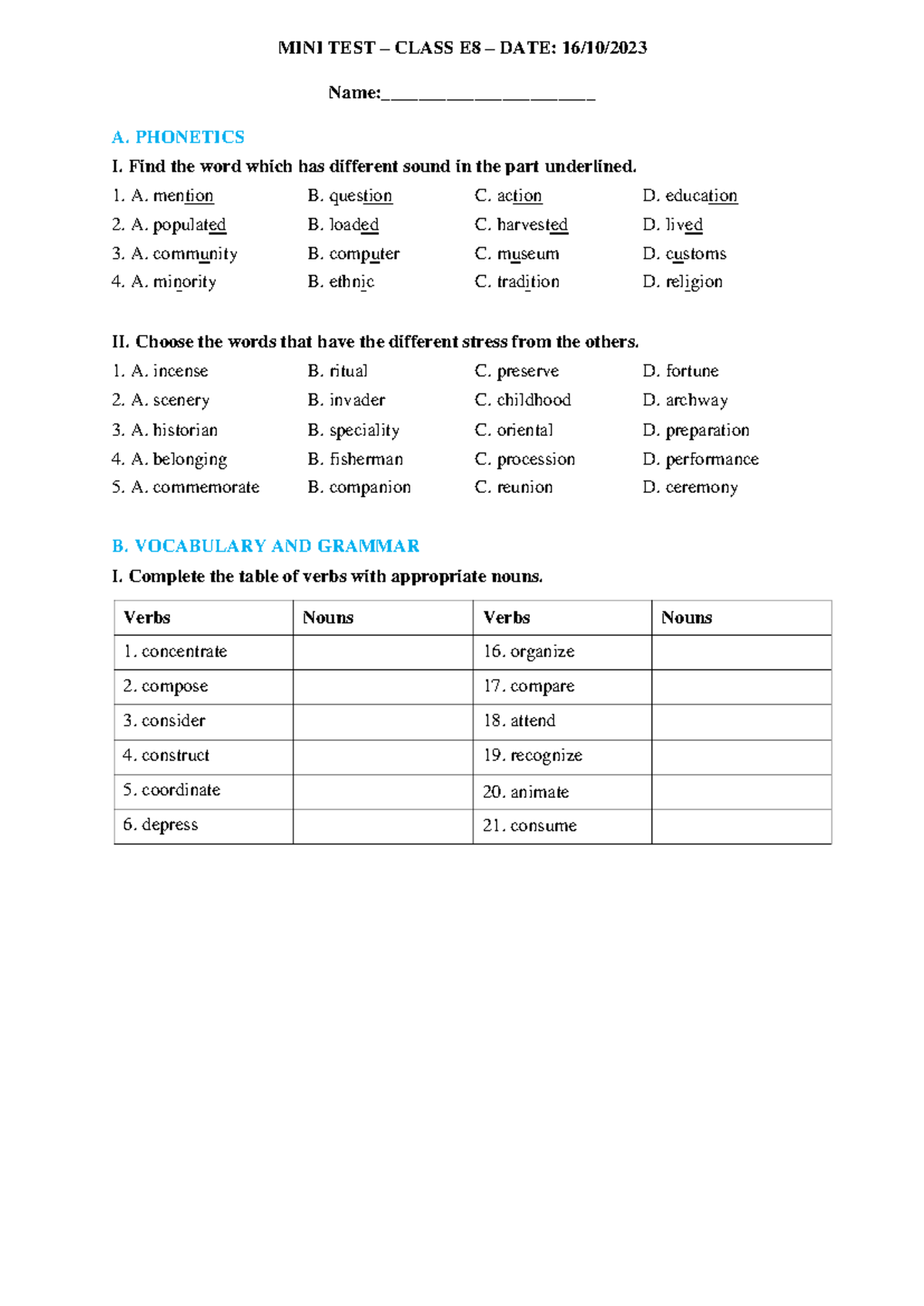 Mini test 6 - basic english grammar - MINI TEST – CLASS E8 – DATE: 16 ...