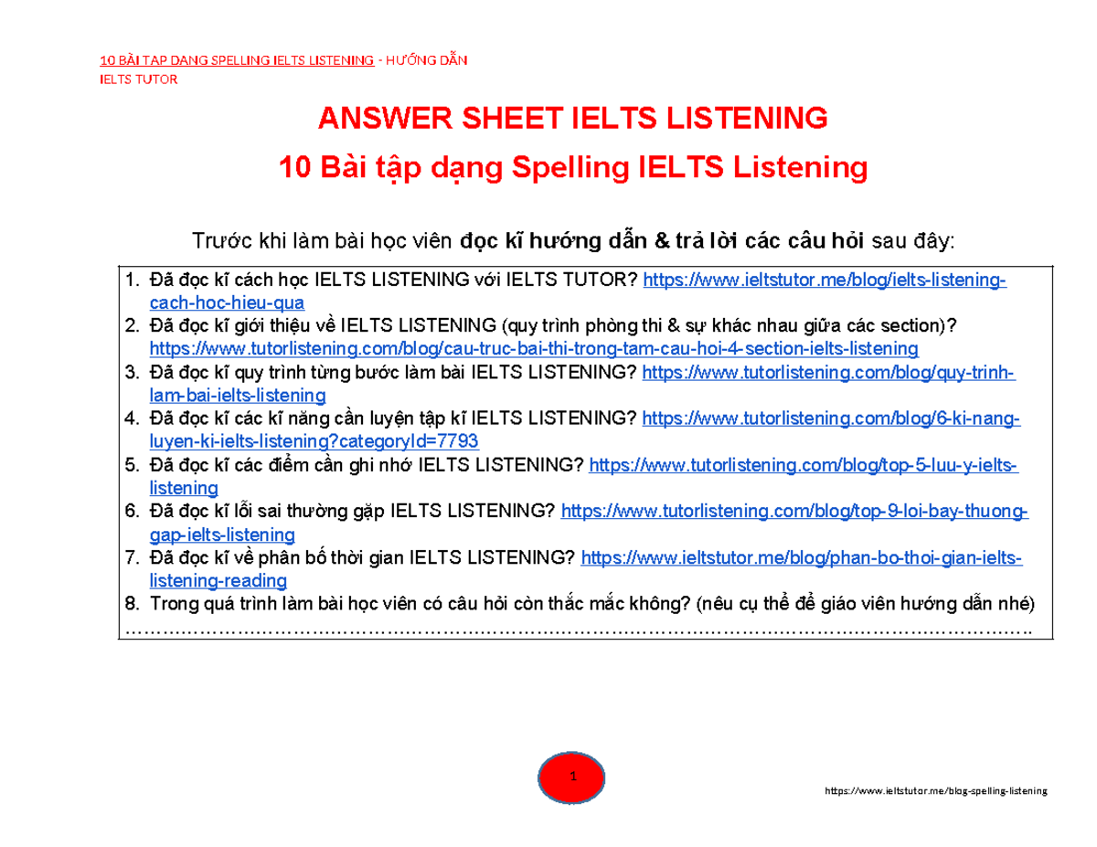 Answer Sheet Ielts Listening - 10 BÀI TẬP DẠNG Spelling Ielts Listening ...