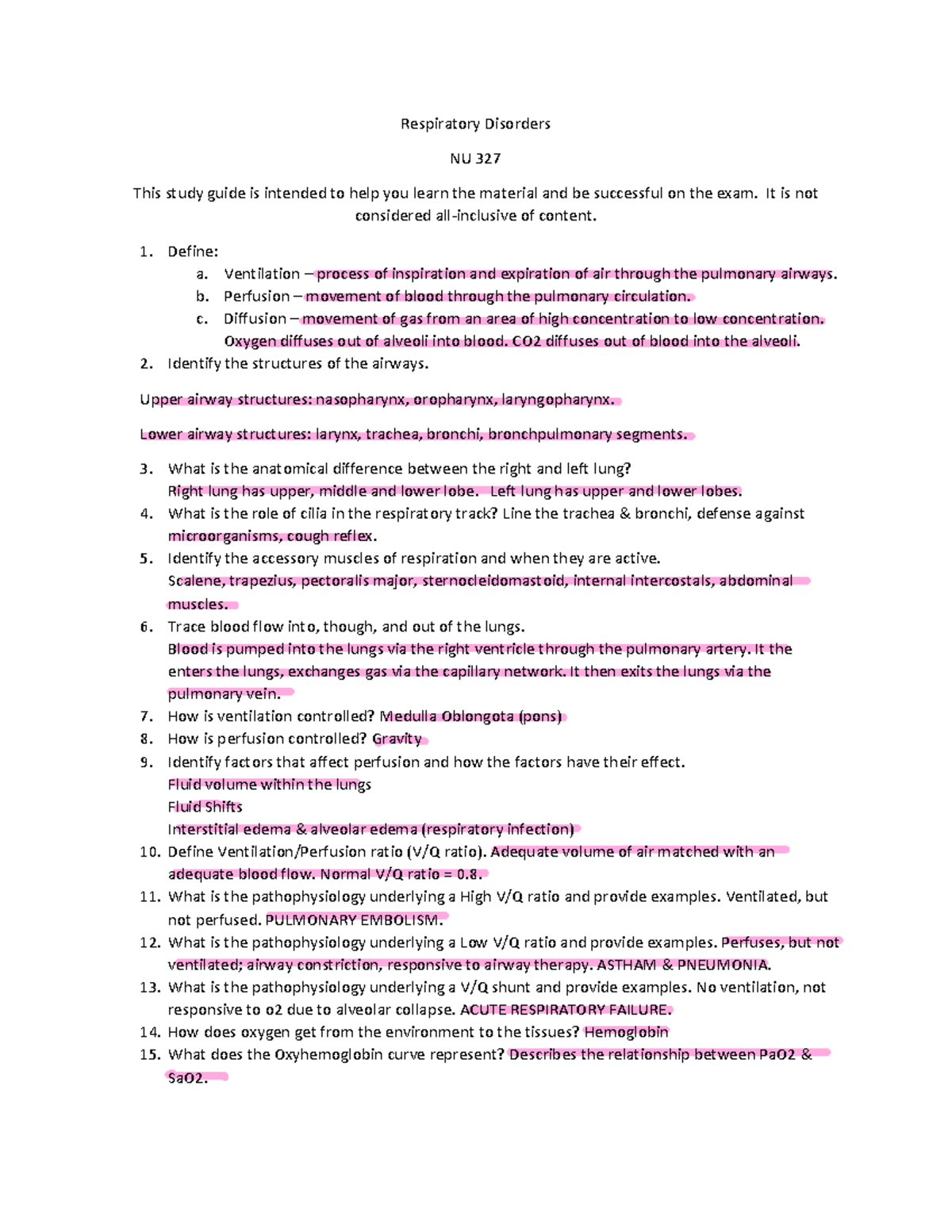Pathophysiology Respiratory Study Guide - Respiratory Disorders NU 327 ...