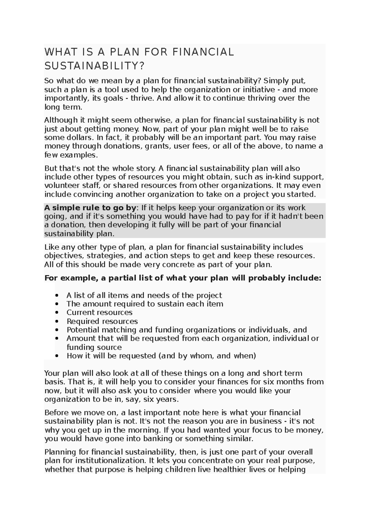 WHAT IS A PLAN FOR Financial Sustainability - WHAT IS A PLAN FOR ...