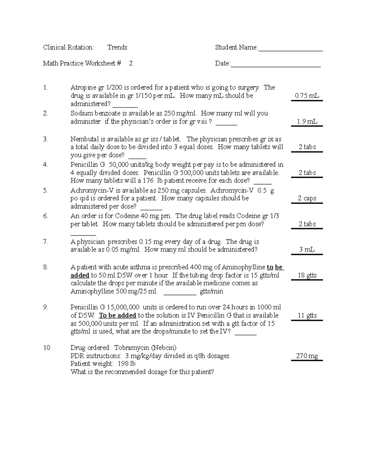 Trends Math that will help with practice - Clinical Rotation: Trends ...
