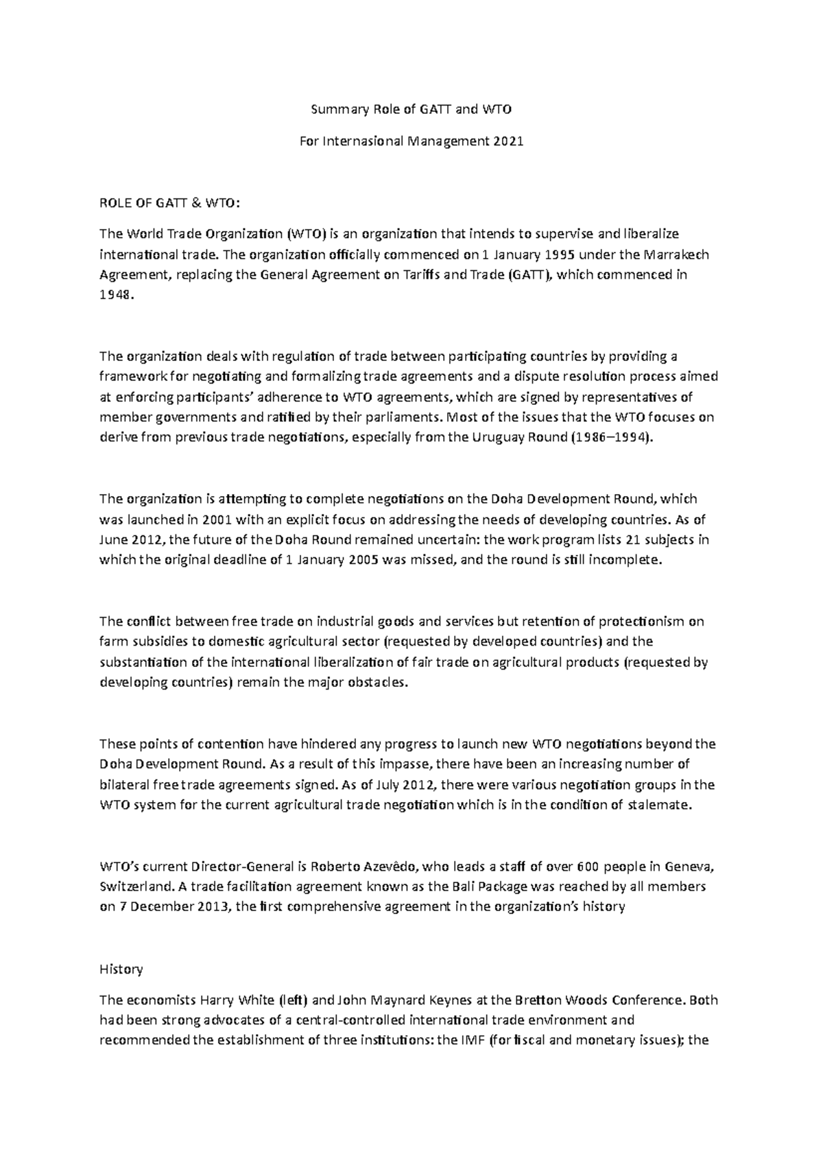 Summary Role of GATT and WTO For Internasional Management 2021 - The ...
