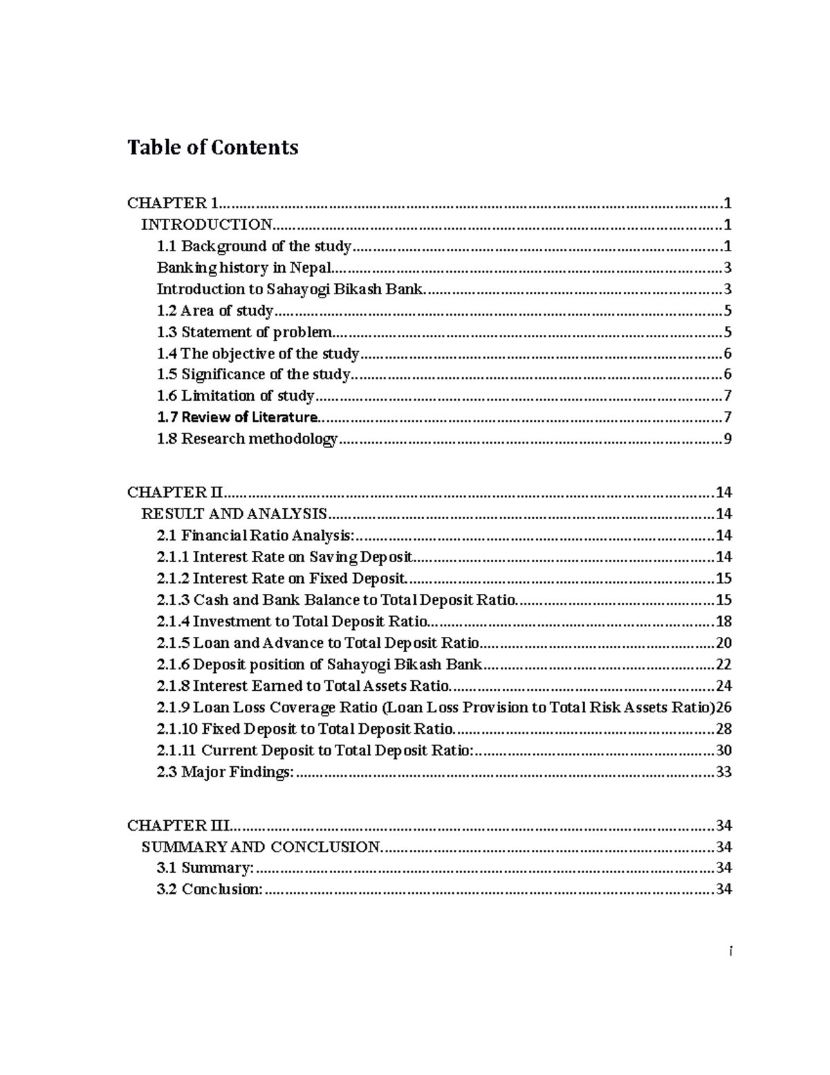 Project 1 - Table of Contents CHAPTER - Studocu