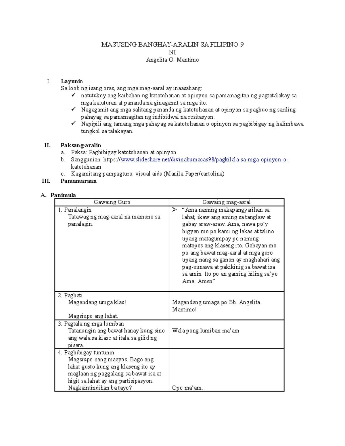 Masusing Banghay Aralin SA Filipino 9 NI - MASUSING BANGHAY-ARALIN SA FILIPINO 9 NI Angelita G ...