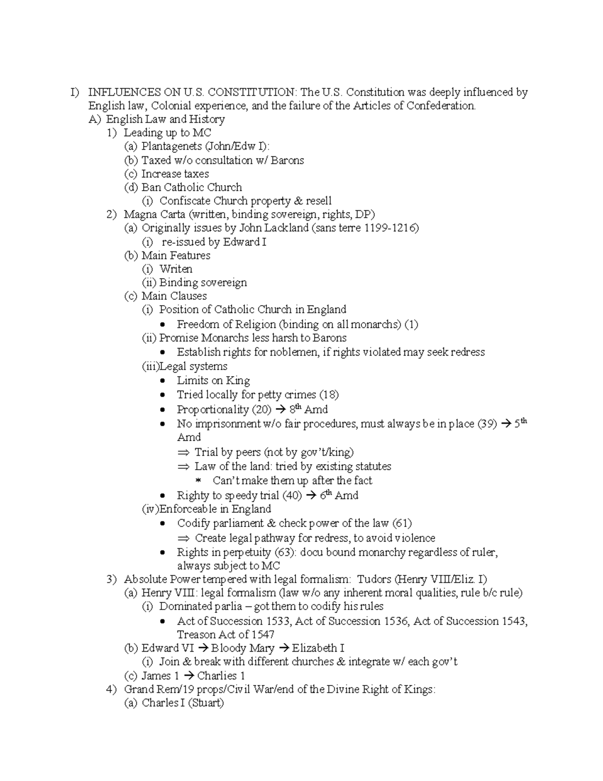 Con Law Outline - Cassidy - I) INFLUENCES ON U. CONSTITUTION: The U ...