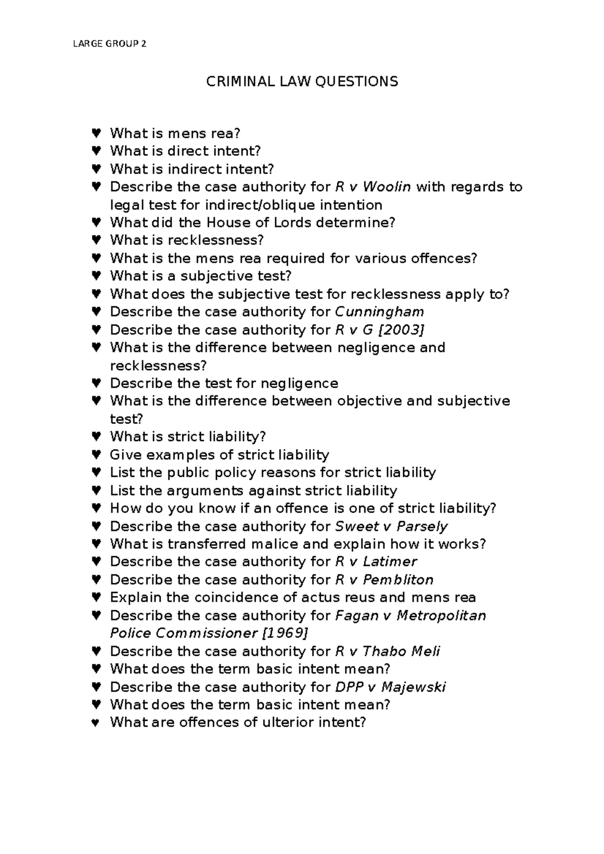 Large Group 2 Questions - LARGE GROUP 2 CRIMINAL LAW QUESTIONS What is ...