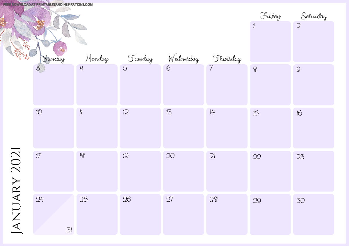 2021 Purple Sunday Horizontal Calendar A4 - Sunday Monday Tuesday ...