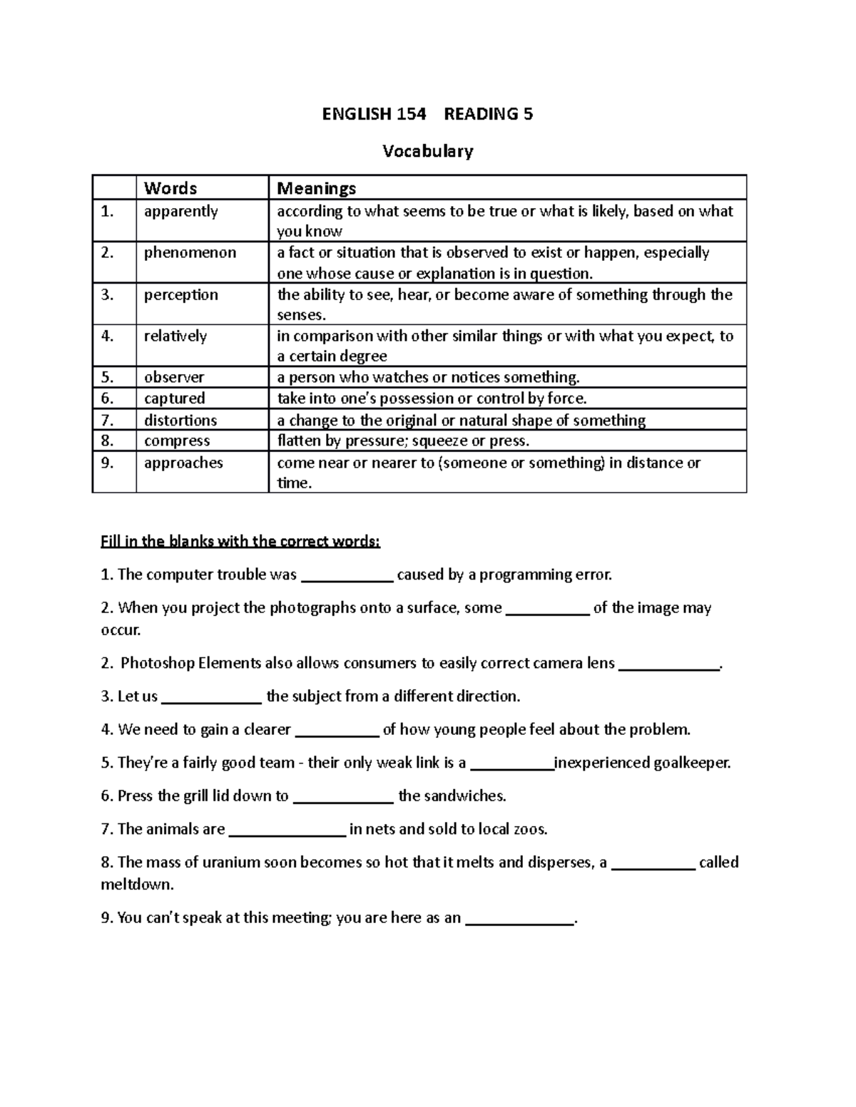ENGL 154 Reading 5 Vocabulary - ENGLISH 154 READING 5 Vocabulary Words ...