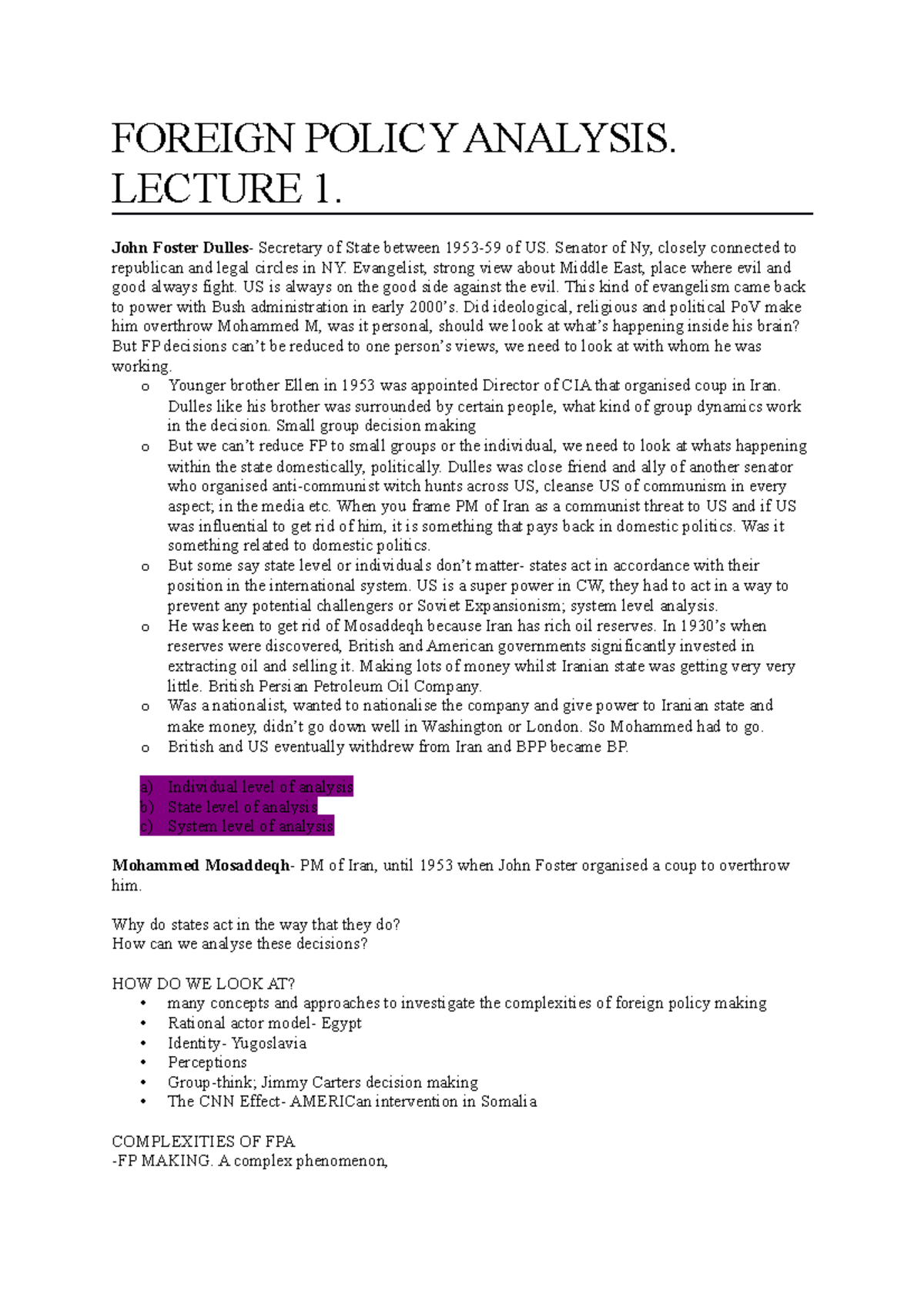 L1 - Intro - FOREIGN POLICY ANALYSIS. LECTURE 1. John Foster Dulles ...