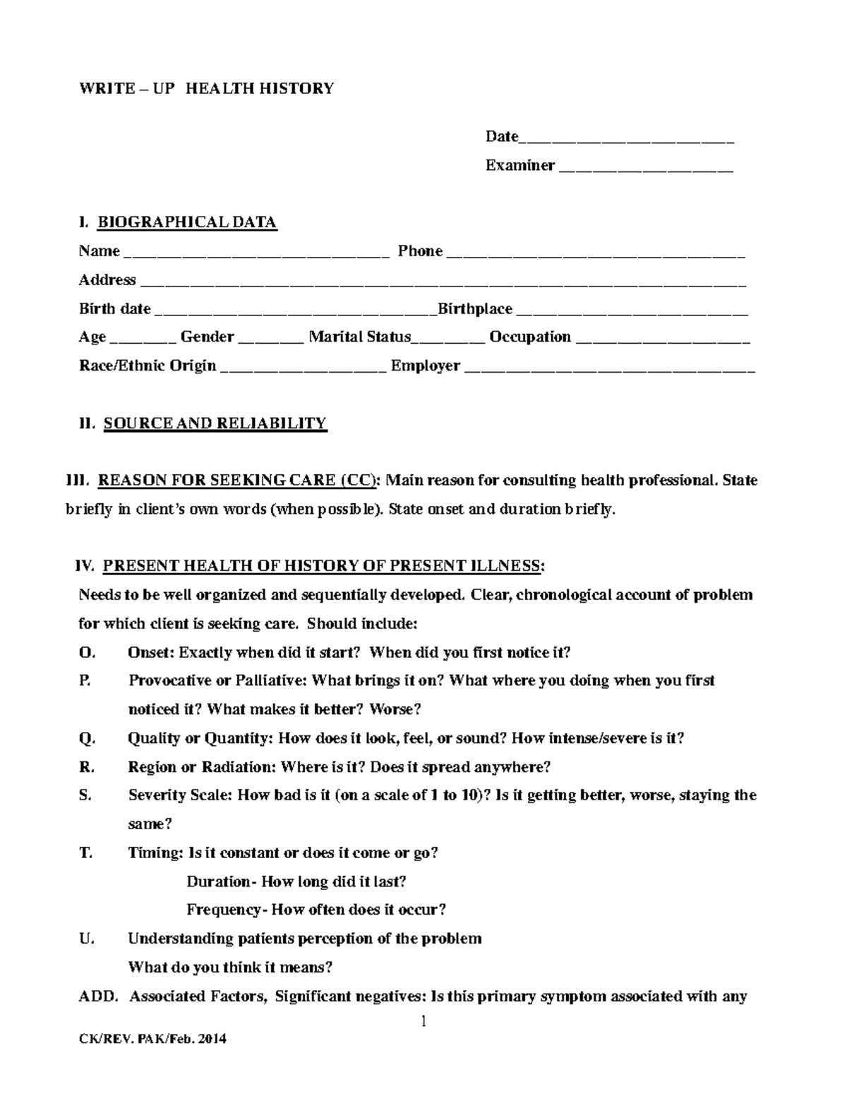 Health history - good - 1 WRITE – UP HEALTH HISTORY Date ...