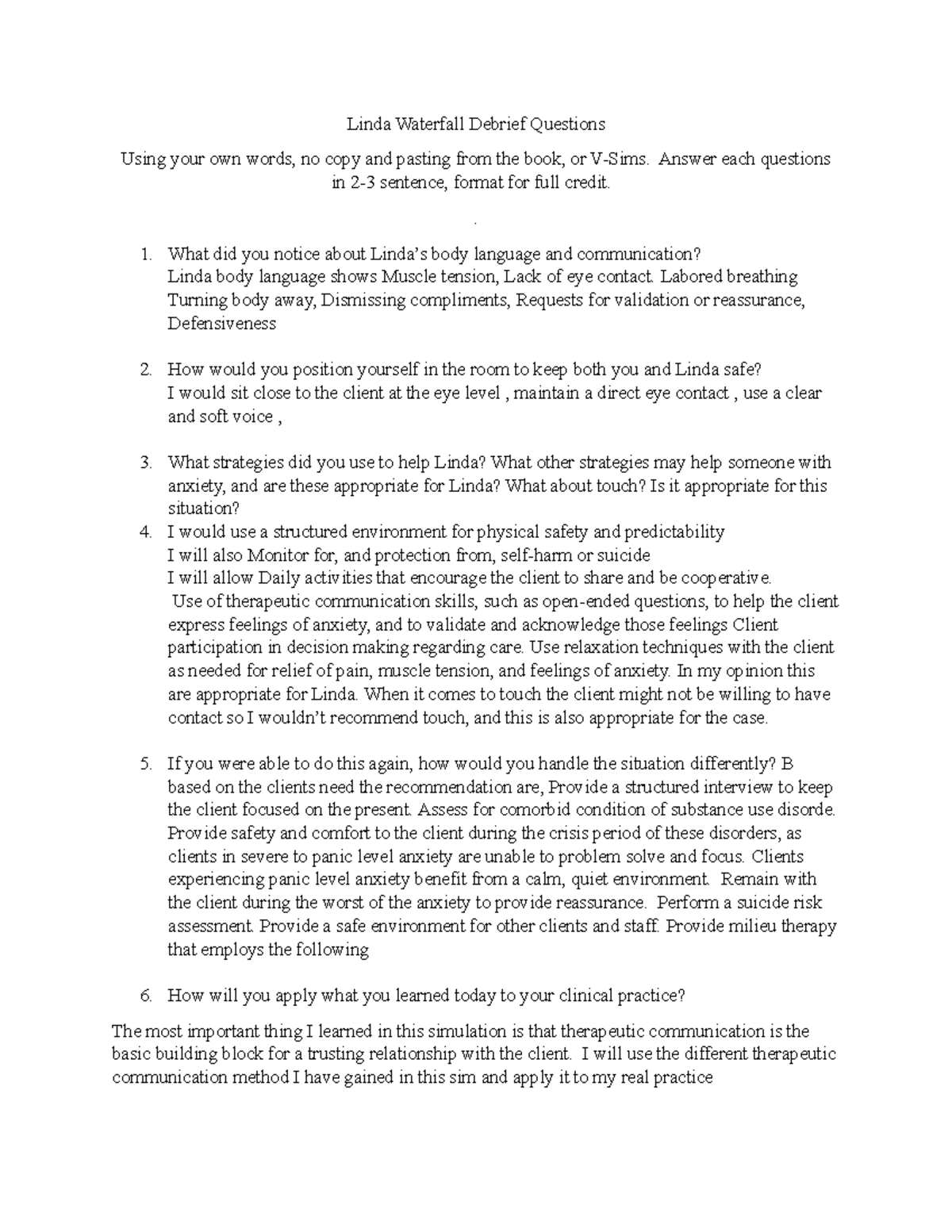 Linda Waterfall Debrief Questions - Answer each questions in 2-3 ...