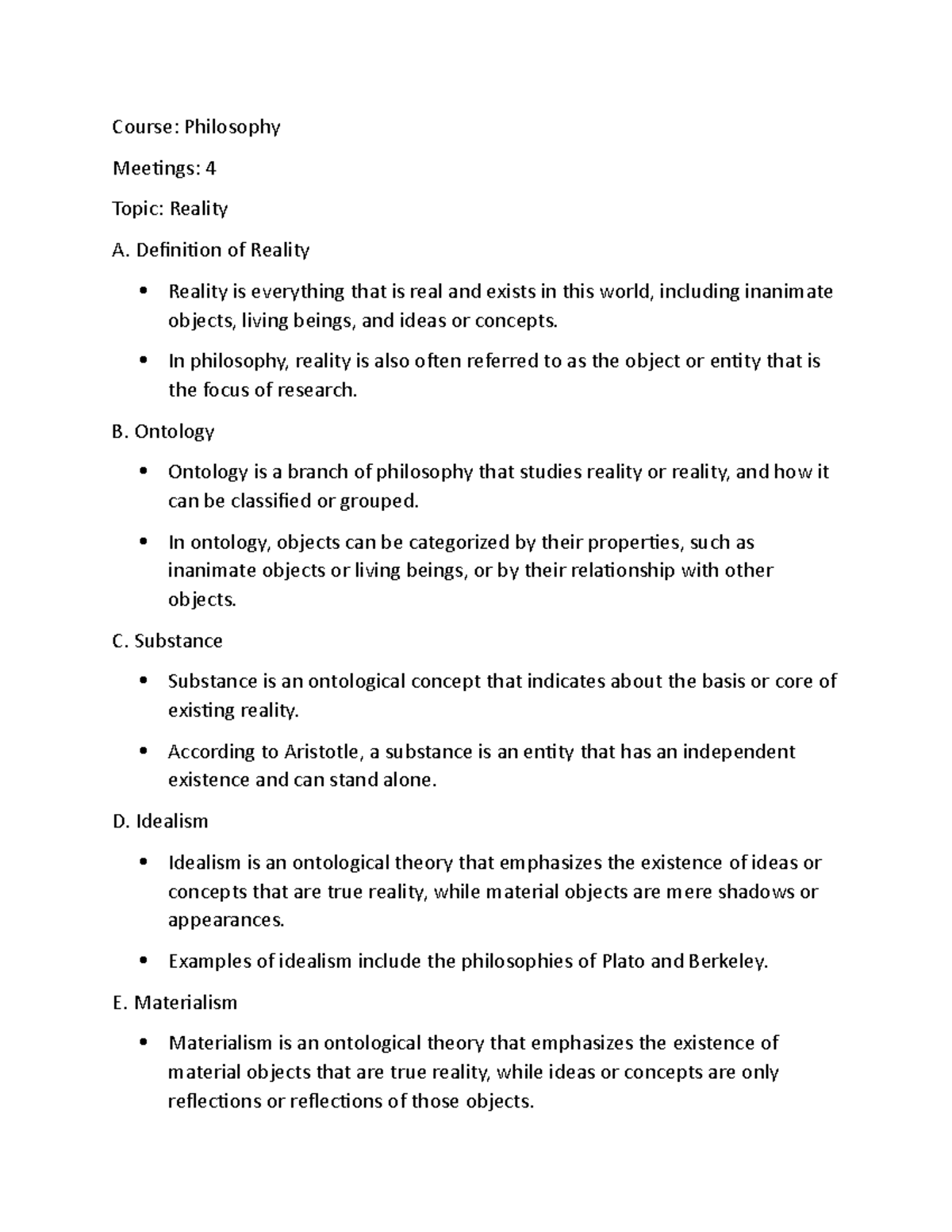The Philosophy of Reality - Course: Philosophy Meetings: 4 Topic ...