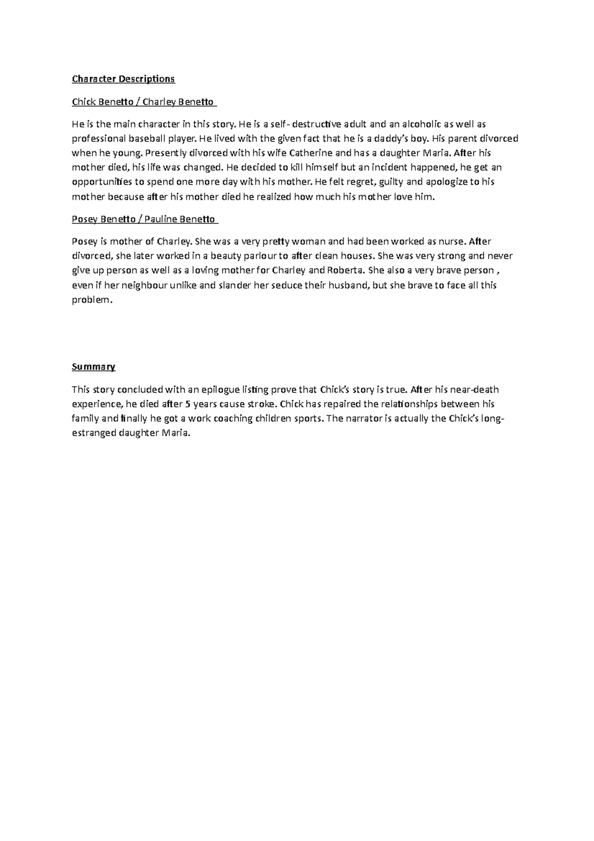 Character Descriptions - English - Character Descriptions Chick Benetto ...