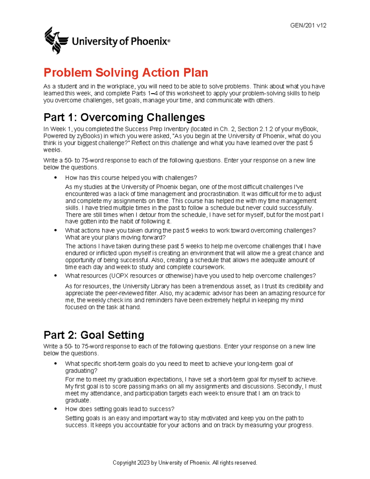 Gen201 v12 wk5 problem solving action plan - GEN/201 v Problem Solving ...