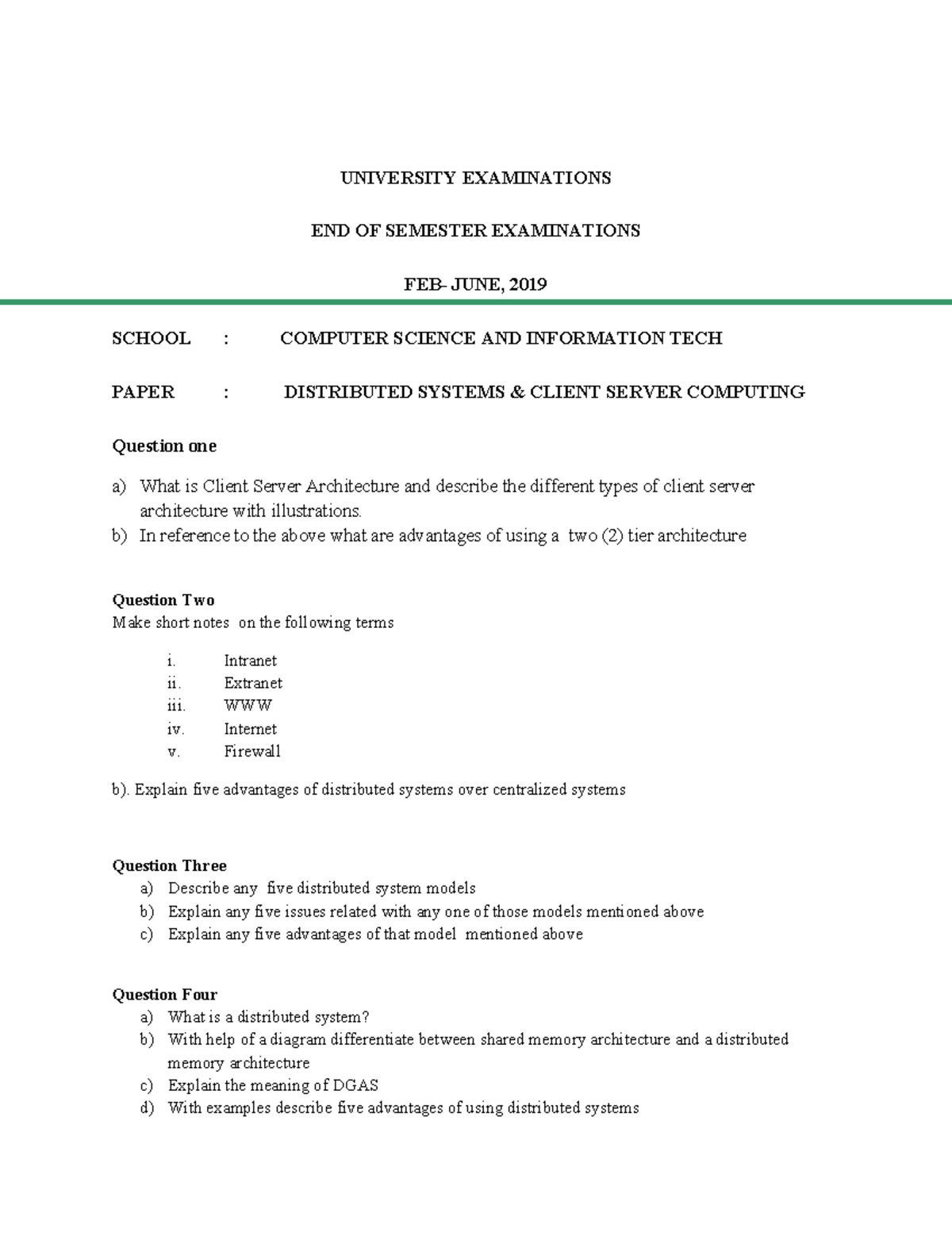 Distributed Systems Exams May 2019 - UNIVERSITY EXAMINATIONS END OF ...