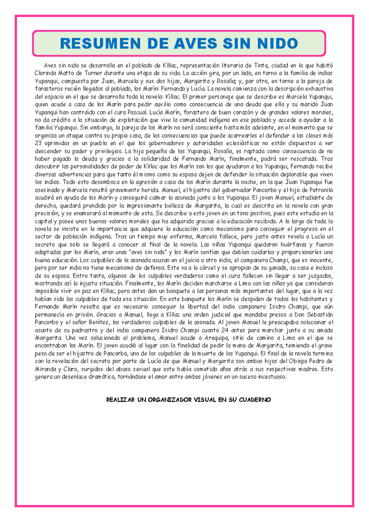 Ficha DE Resumen DE AVES SIN NIDO 1RO - RESUMEN DE AVES SIN NIDO Aves sin nido se desarrolla en ...