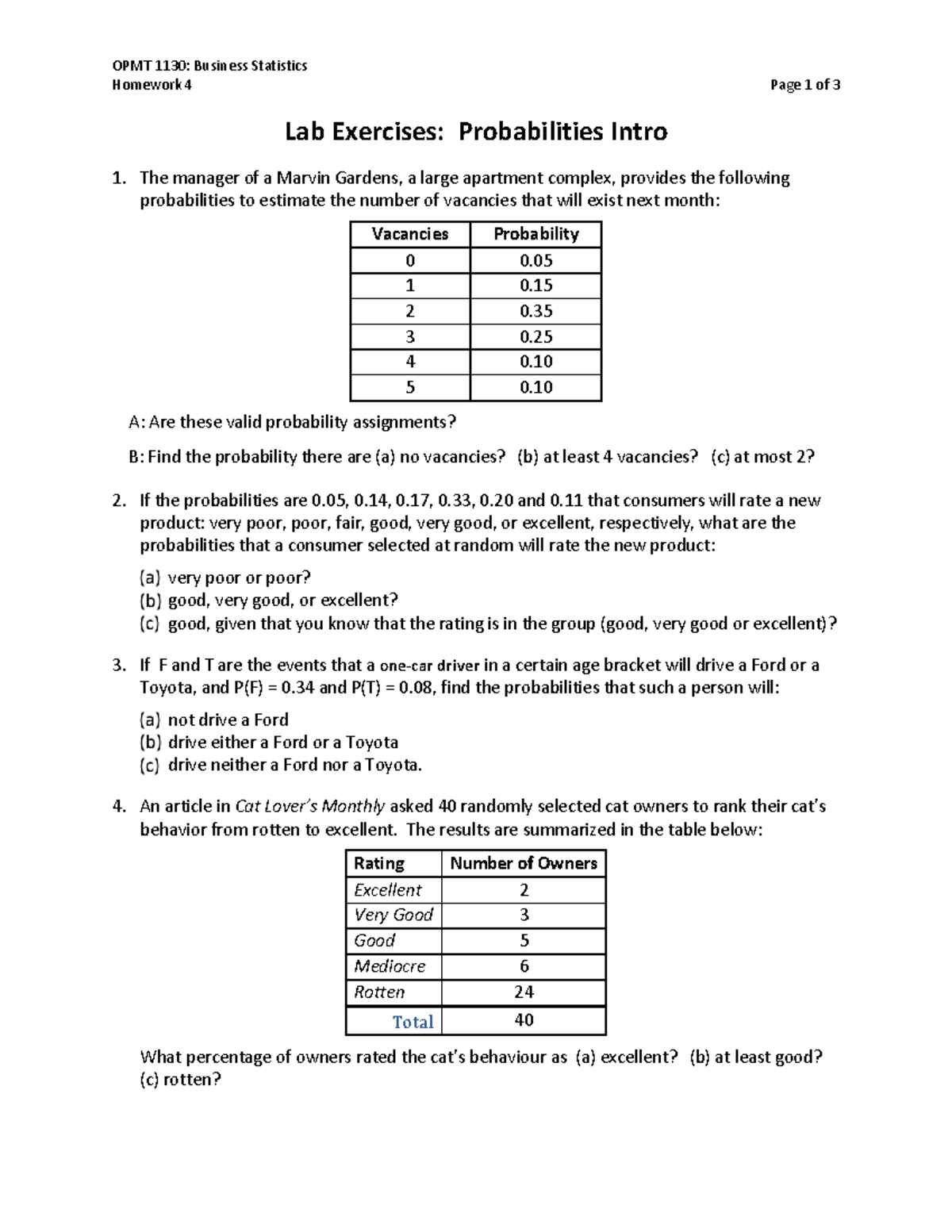 OPMT 1130 Business Statistics Homework 4 Solutions - OPMT 1130 ...