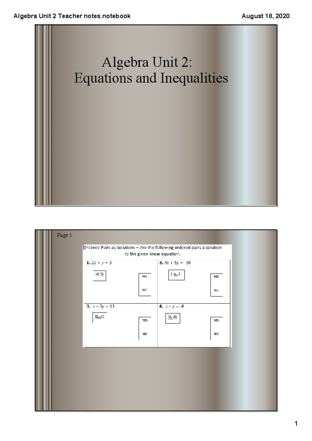 Algebra Unit 1 Notes - Algebra Unit 2: Equations and Inequalities Page ...