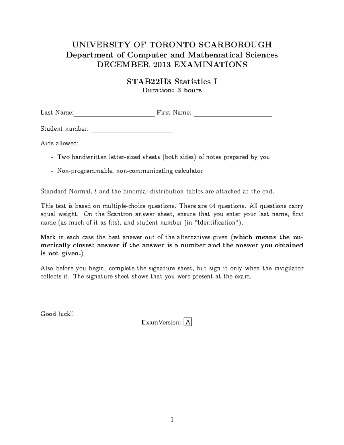 Exam 2013, questions - UNIVERSITY OF TORONTO SCARBOROUGH Department of ...