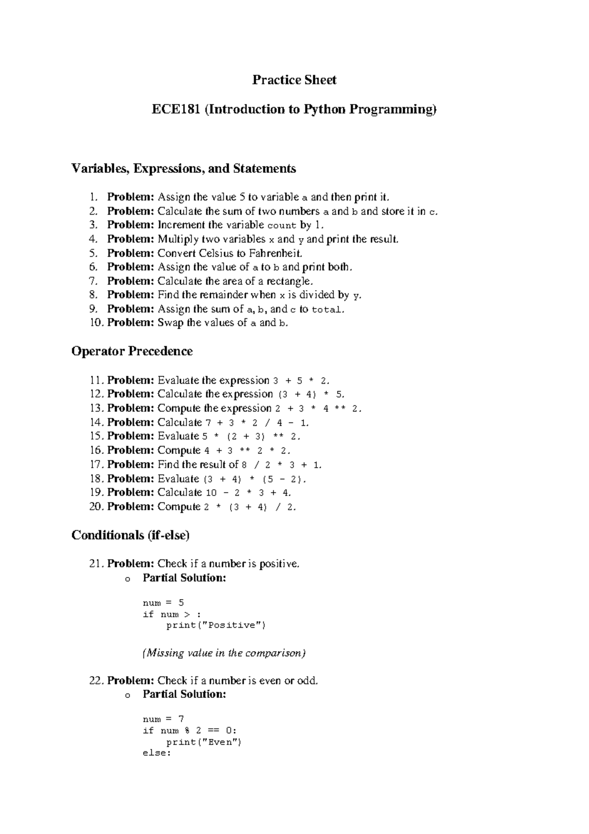 Practice Sheet Basic Literals - Practice Sheet ECE181 (Introduction to ...