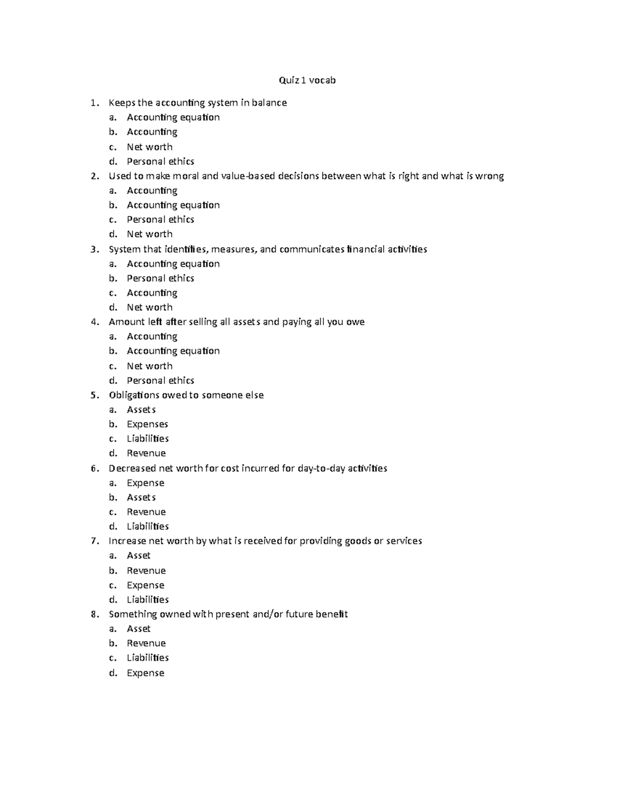 Chapter 1 vocabulary quiz for financial statements: personal accounting ...