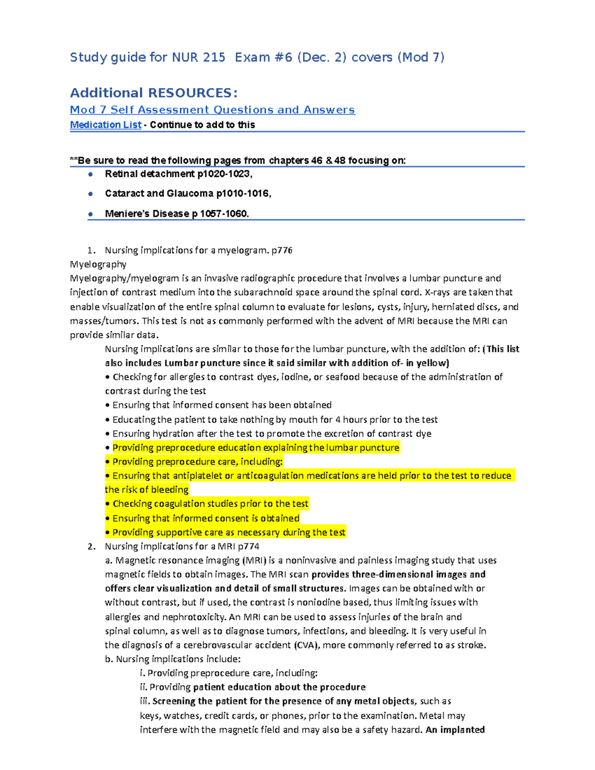 Study guide for NUR 215 - 2) covers (Mod 7) Additional RESOURCES: Mod 7 ...