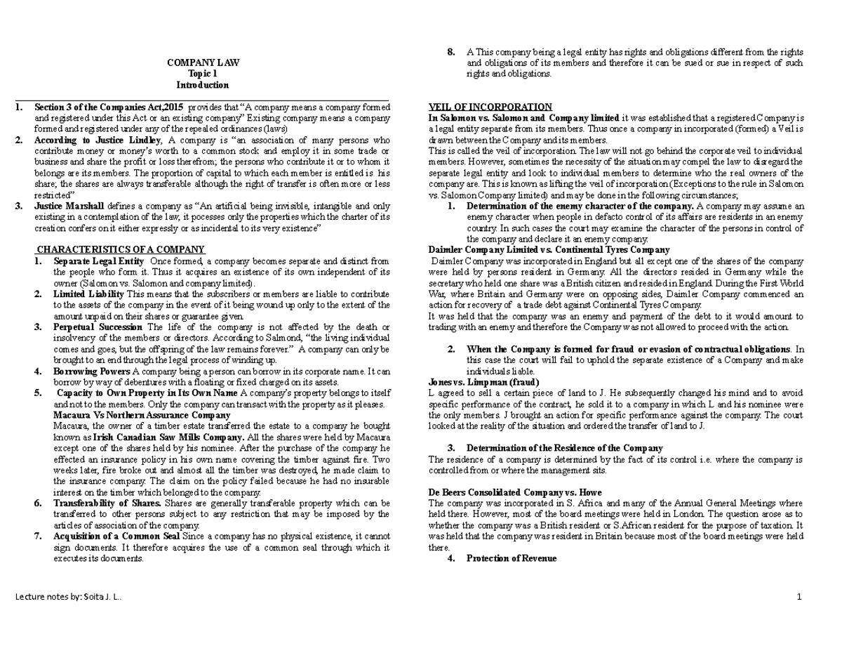 CO. LAW - Introduction - Notes - COMPANY LAW Topic 1 Introduction ...
