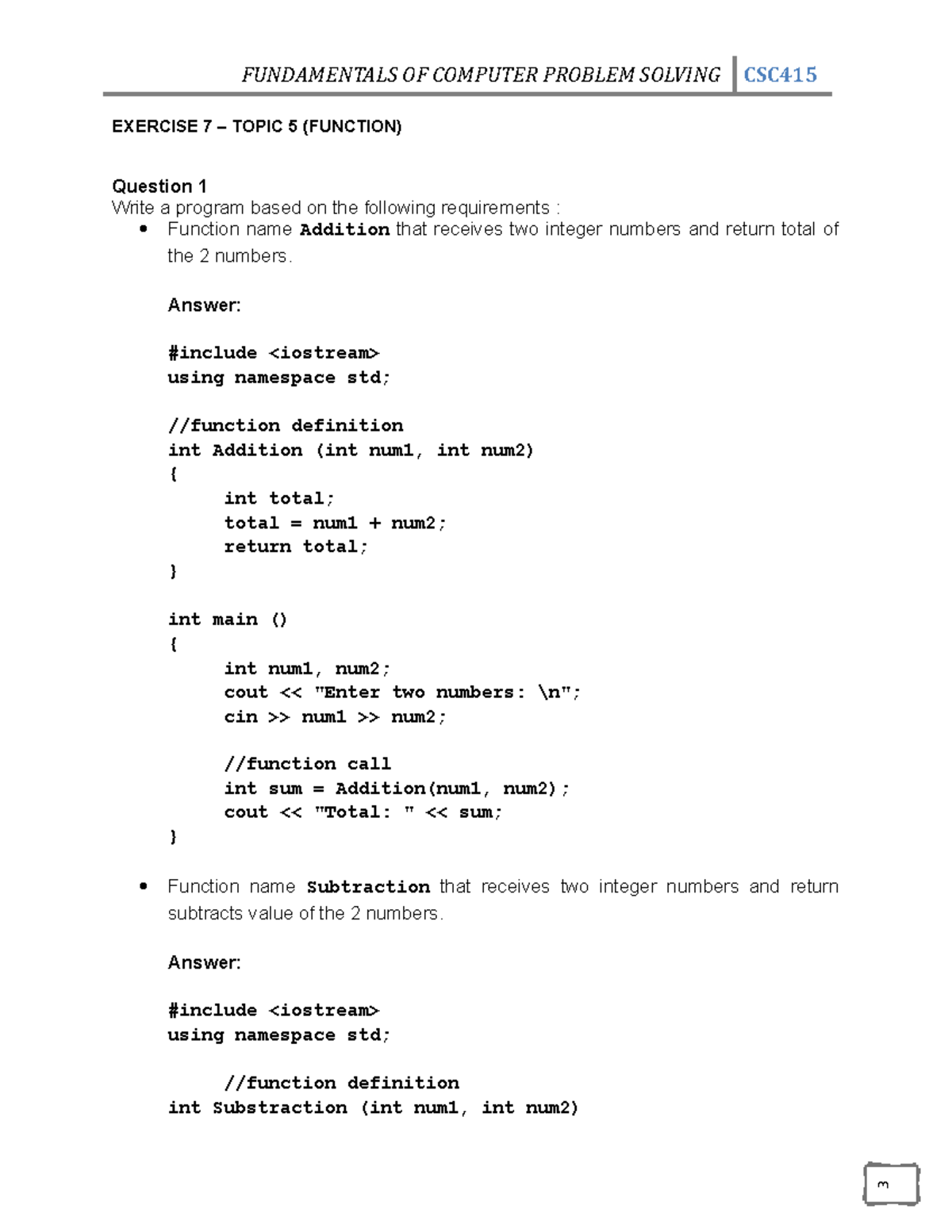 Exercise 7 Topic 5 Exercise 7 Topic 5 Function Question 1 Write A Program Based On The