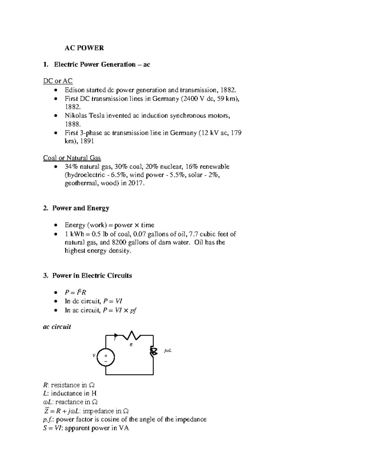 AC Power Important points - AC POWER 1. Electric Power Generation ac DC ...
