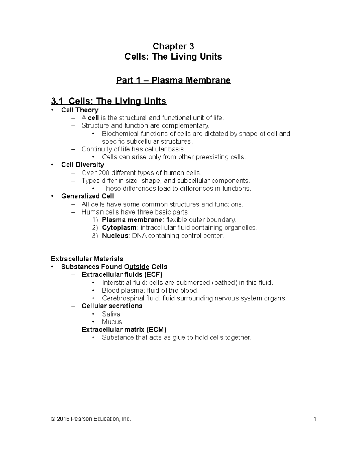 Ch. 3 Lecture Outline Part 1 - Chapter 3 Cells: The Living Units Part 1 ...