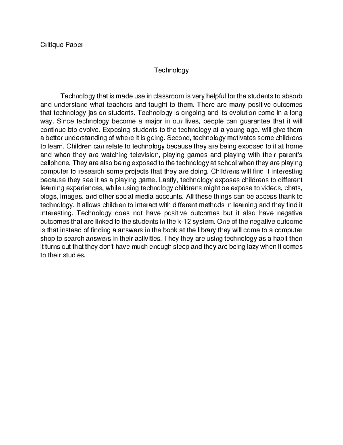 Critique Paper - Lecture notes 1 - Critique Paper Technology Technology ...