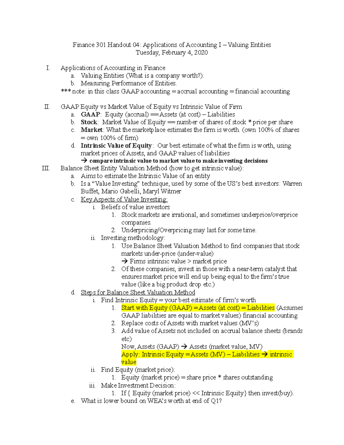 Finance 301 Handout 04 - Prof: Anthony Webster - Finance 301 Handout 04 ...